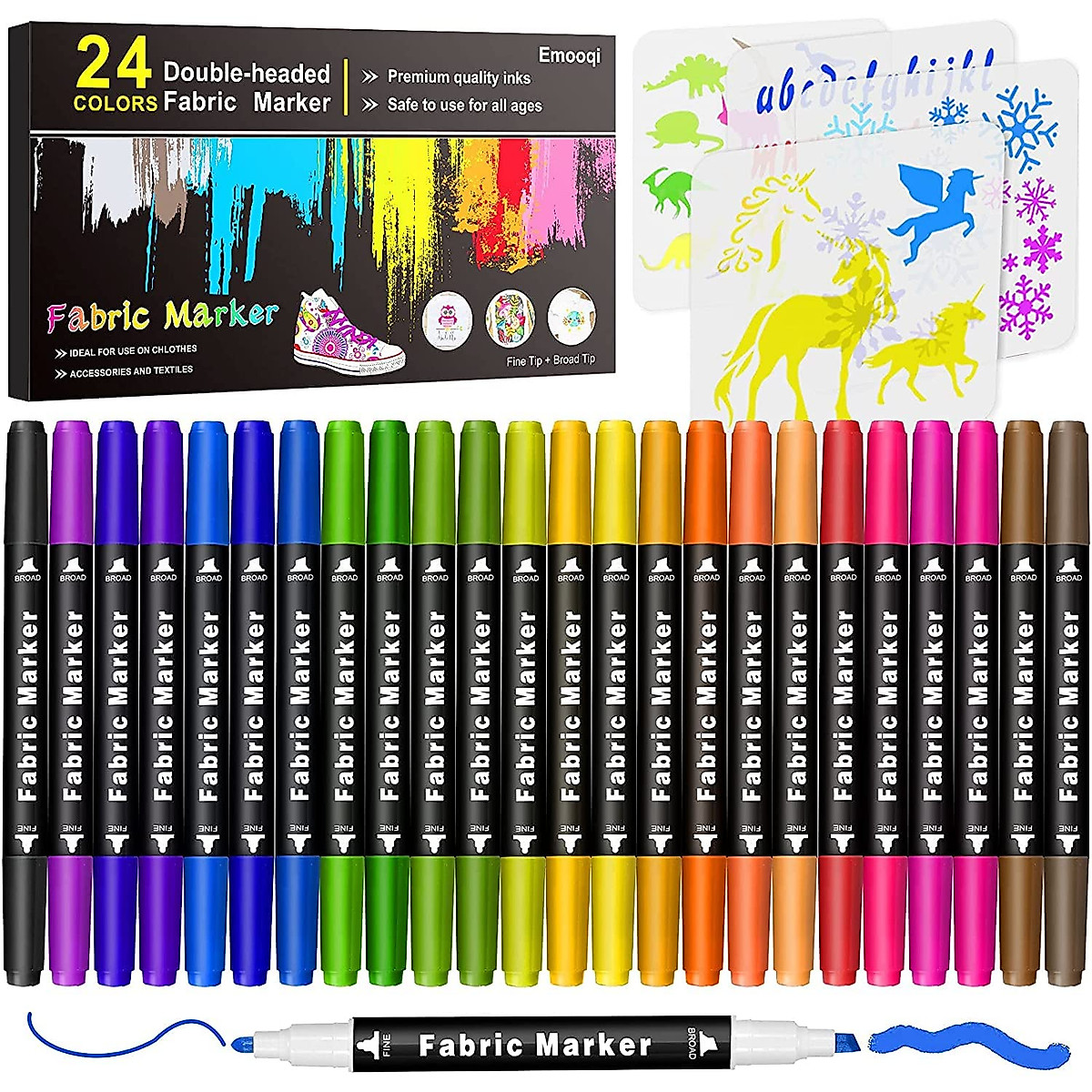 Emooqi Fabric Markers Pen, 24 Colors Fabric Paint Art Marker Set Double-Ended Fabric Markers with Chisel Point and Fine Point Tips, Child Safe & Non-Toxic
