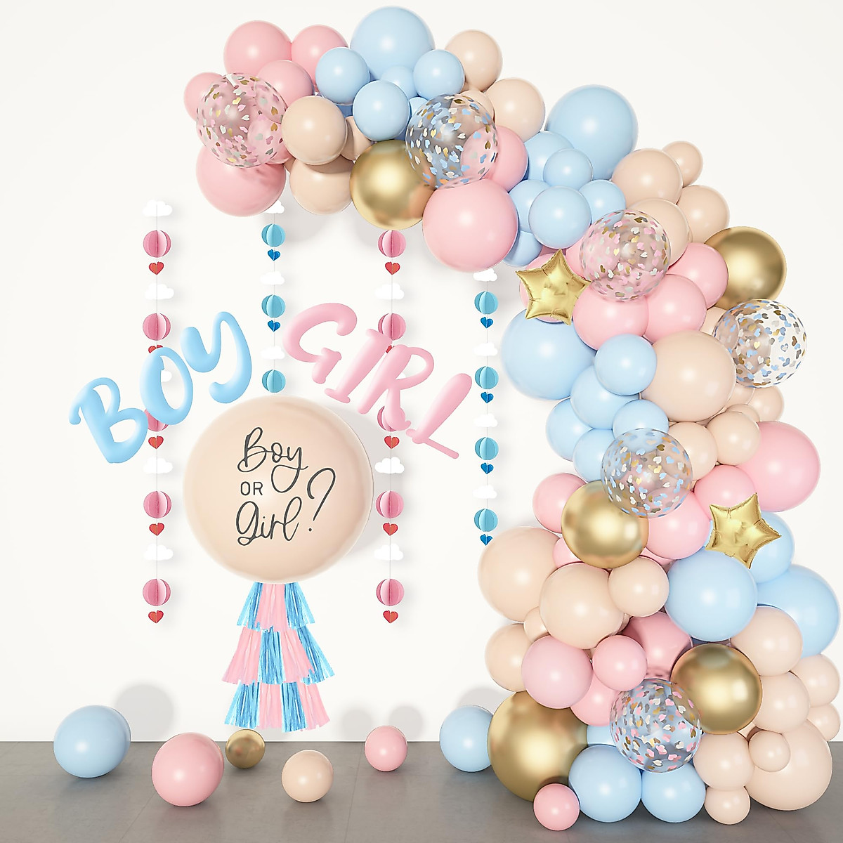 Ouddy Party Gender Reveal Decorations, Pastel Pink and Blue Nude Confetti Balloons Arch Kit Star Hanging Cloud Garland Paper Tassels He or She Boy or Girl Gender Reveal Baby Shower Party Supplies