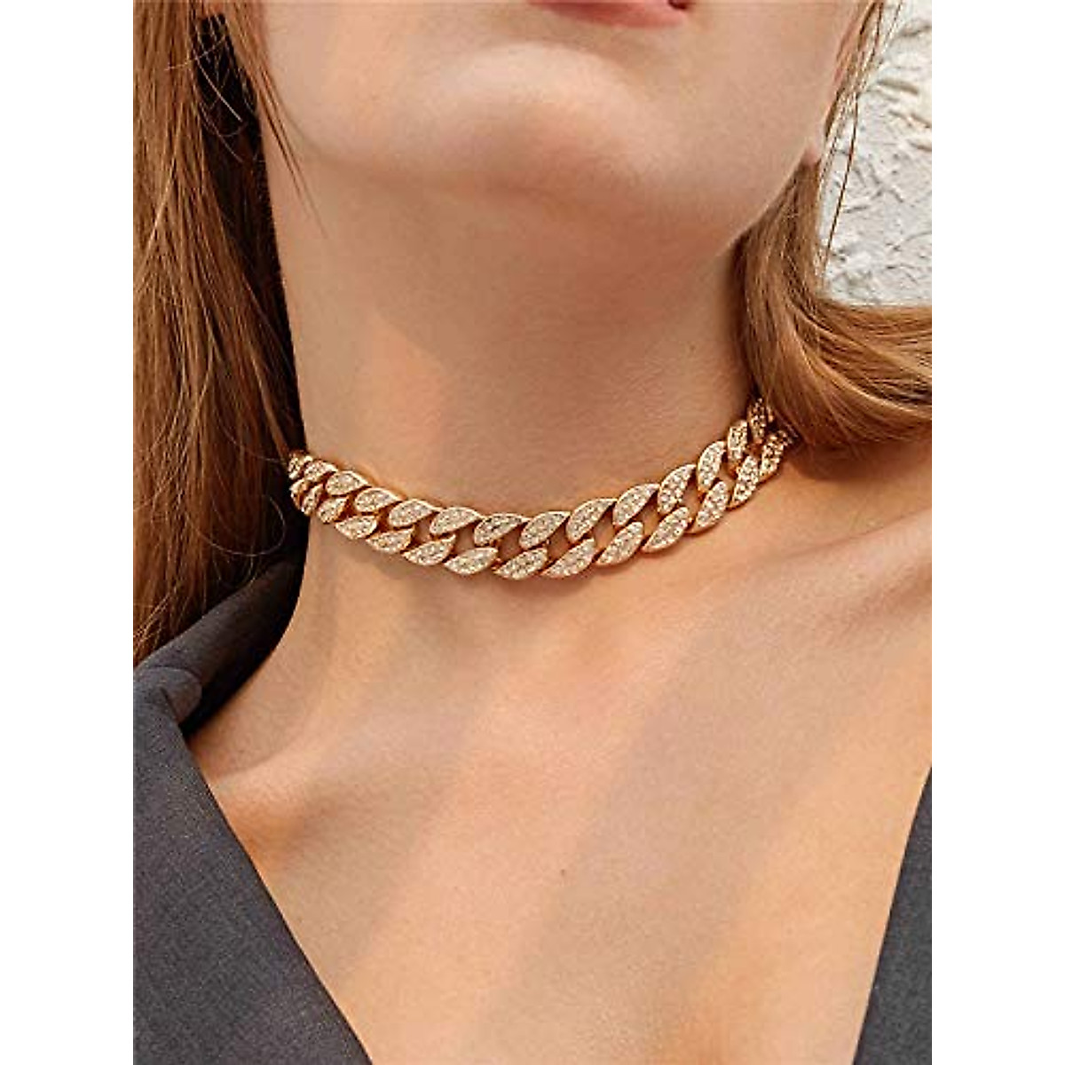 Ingemark Shiny CZ Rhinestone Curb Cuban Link Chain Choker for Women Unisex Cool Hip Hop Miami Cuban Diamond-Cut Chain Choker Necklace (Style 1 Golden)