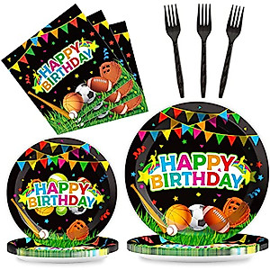 Sports Party Plates Napkins Sports Happy Birthday Party Tableware Baseball Football Soccer Basketball Rugby Disposable Paper Plates Napkins for Boy Birthday Party Decoration Supplies Favors 24 Guests