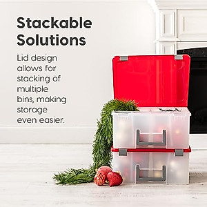 IRIS USA 26.7 Quart Portable Divider Christmas Storage Bin, 4-Compartment Container Tote Box with Removable Dividers for Ornaments Banners Garlands Decorative Cloths Pinecones Puppets, Clear/Red