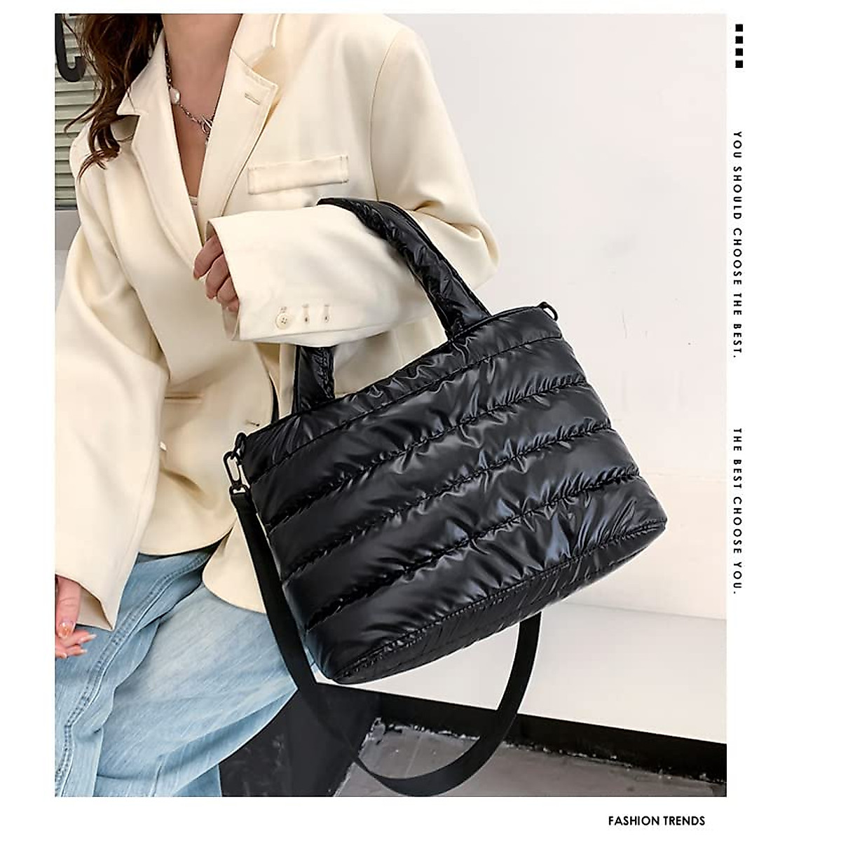 UMRFNO Puffer Tote Bag, Quilted Tote Bag for Women Luxury Shoulder Bag Down Winter Handbag Top Handle Bag Pillow Bag (Black)