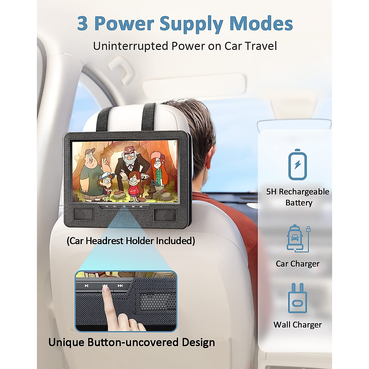 Arafuna 12.5" Portable DVD Player for Car, 10.5" HD Swivel Screen with Car Headrest Holder, 5-Hour Rechargeable Battery, Support USB/SD/Sync TV, Regions Free, Last Memory