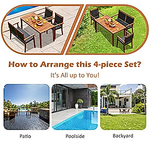 Tangkula 4 Pieces Patio Dining Set for 4, Patiojoy Space-Saving Outdoor Acacia Wood Dining Table and PE Rattan Chairs Set with 1.9” Umbrella Hole, for Garden, Backyard, Deck, Poolside, Balcony