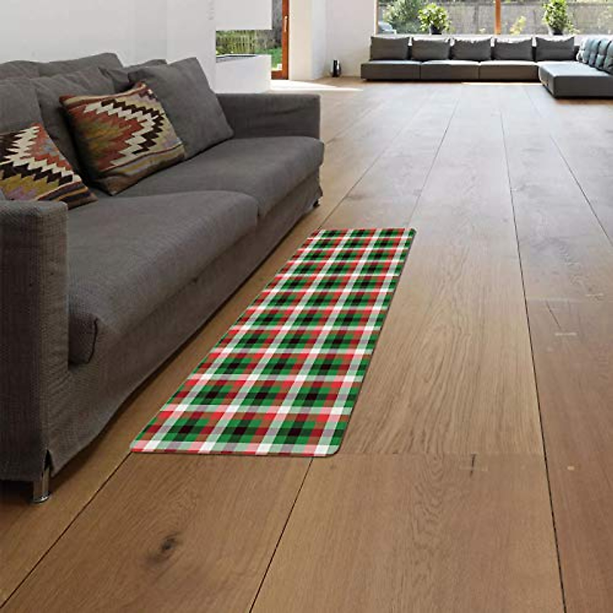 Merry Christmas 2 PCS Memory Foam Kitchen Mats, Water Absorbent Kitchen Rugs, Anti-Skid Kitchen Mat and Rug for Kitchen, Floor Home, Office, Laundry, Sink Red Green Plaid Geometric Tiled Texture