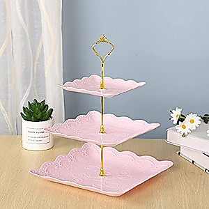 Tosnail 3 Pack 3 Tiers Plastic Cupcake Stand Dessert Stand Tiered Serving Trays with Gold Rod Candy Pastry Holders for Baby Shower, Wedding and Party - Pink