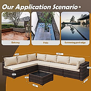 UPHA 7 Pieces Patio Furniture Set, Outdoor Sectional Brown PE Rattan Wicker Sofa Set with Cushions and Tempered Glass Coffee Table for Poolside, Lawn, Garden and Balcony
