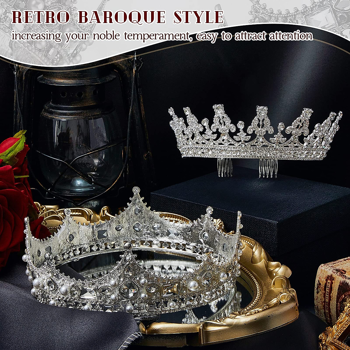 Juexica 2 Pieces Crowns King and Queen Wedding Crown and Tiaras for Women Men Halloween Princess Vintage Headband Birthday Crown Bridal(Silver)