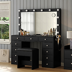 FUSOU Vanity Desk with Power Outlet, Makeup Vanity with Mirror and 12 LED Lights, 3 Lighting Modes,11 Drawers Vanity Table with Chair, Glass Top, Vanity Set for Bedroom,Dressing Room (Black)