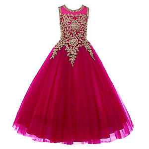 WDE Formal Little Girls Long Pageant Dresses Prom Ball Gown Gold Lace Tulle(2,Hot Pink)