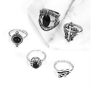 Cathercing 11 Pcs Women Silver Ring Sets Knuckle Vintage Rings Pack for Women Bohemian Rings Black Gem Joint Knot Rings Set for Teens Party Daily Fesvital Jewelry Gift