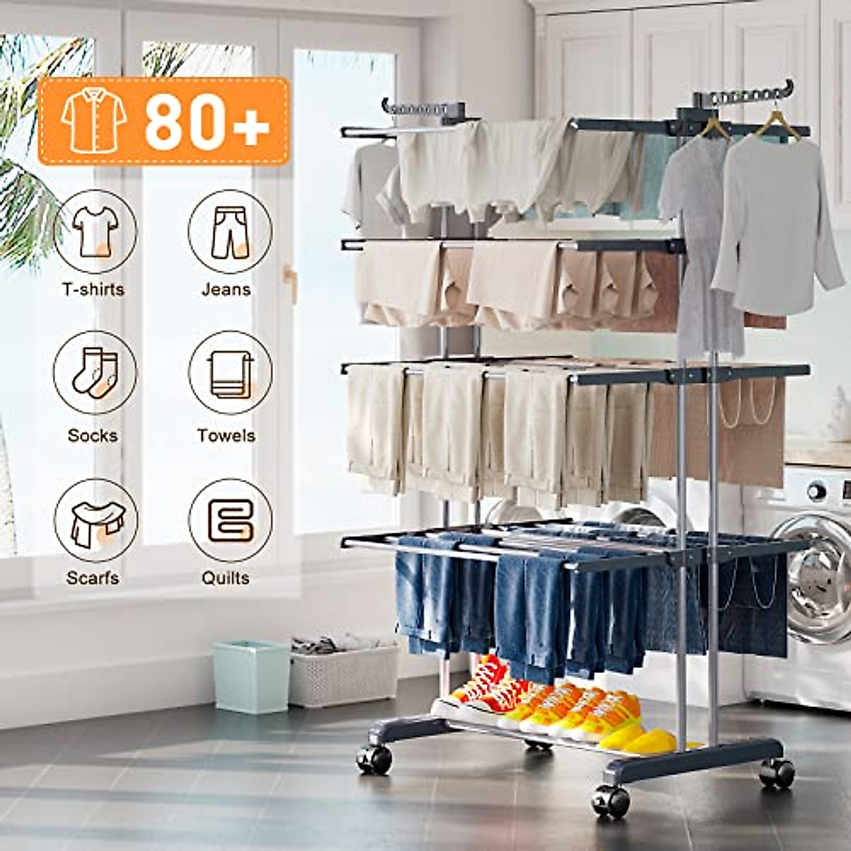 Raybee Clothes Drying Rack Folding Indoor 5-Tier 73.6" H Laundry Drying Rack Oversized Drying Rack Clothing Foldable Clothes Rack Drying with Wheels Outdoor Use