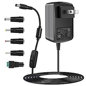 TKDY 12V 2A DC Power Supply AC Adapter Cord with Switch, 100-240Vac to DC 12 Volt 2 Amps 24W Transformer, for DC12V Yamaha Keyboard 12Vdc Record Player Massager LED Strip Lights Router Soundbar.