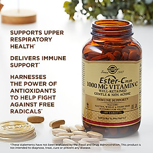 SOLGAR Ester-C Plus 1000 mg Vitamin C (Ascorbate Complex) - 180 Tablets - Gentle & Non Acidic - Supports Upper Respiratory Health - Non-GMO, Gluten Free - 180 Servings
