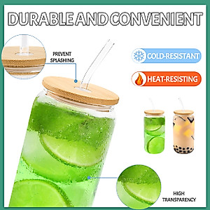 Joyclub 12 Set Glass Cups with Bamboo Lids and Straws 16oz Can Shaped Reusable Iced Coffee Cups with Lids, Drinking Glasses Tumbler with Straw and Lid for Soda Boba Tea Cocktail Whiskey Gift