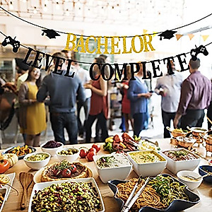 Bachelor Level Complete Banner, Congrats Bachelor Degree Graduation Party Decor, Video Game Themed Decorating, Class of 2021 Bachelor Graduation Party Decoration Supplies Black Glitter.