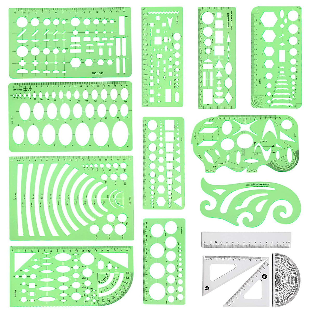 Geometric Drawings Templates Measuring Geometry Rulers 15 Pcs with 1 Pack File Bag for Design School Studying Office Building…