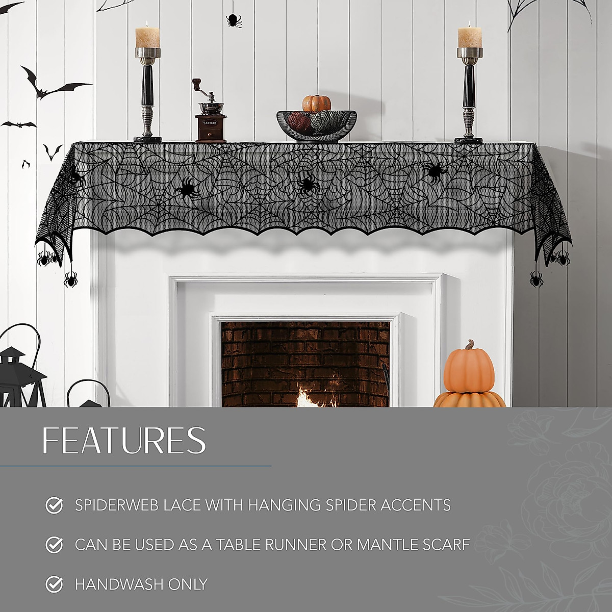 Elrene Home Fashions Crawling Spider Halloween Lace Table Runner and Mantle Scarf, Seasonal Halloween Table Runner, 13" x 70", Black