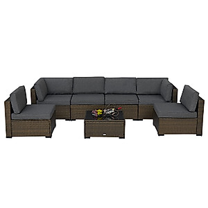 JSUN7 7 Pieces Patio Couch Outdoor Furniture Sets PE Golden Brown Rattan Sectional Conversation Sofa Set Washable Cushions with Glass Coffee Table(Dark Gray)