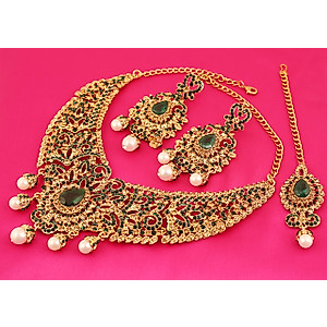 Touchstone New Indian Bollywood Desire Traditional Filigree Faux Green Emerald Color Exclusive Grand Bridal Jewelry Necklace Set in Antique Gold Tone for Women