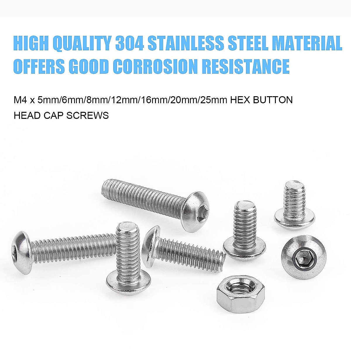 DYWISHKEY 200 Pieces M4 x 5mm/6mm/8mm/12mm/16mm/20mm/25mm Stainless Steel 304 Hex Button Head Cap Bolts and Nuts Kit