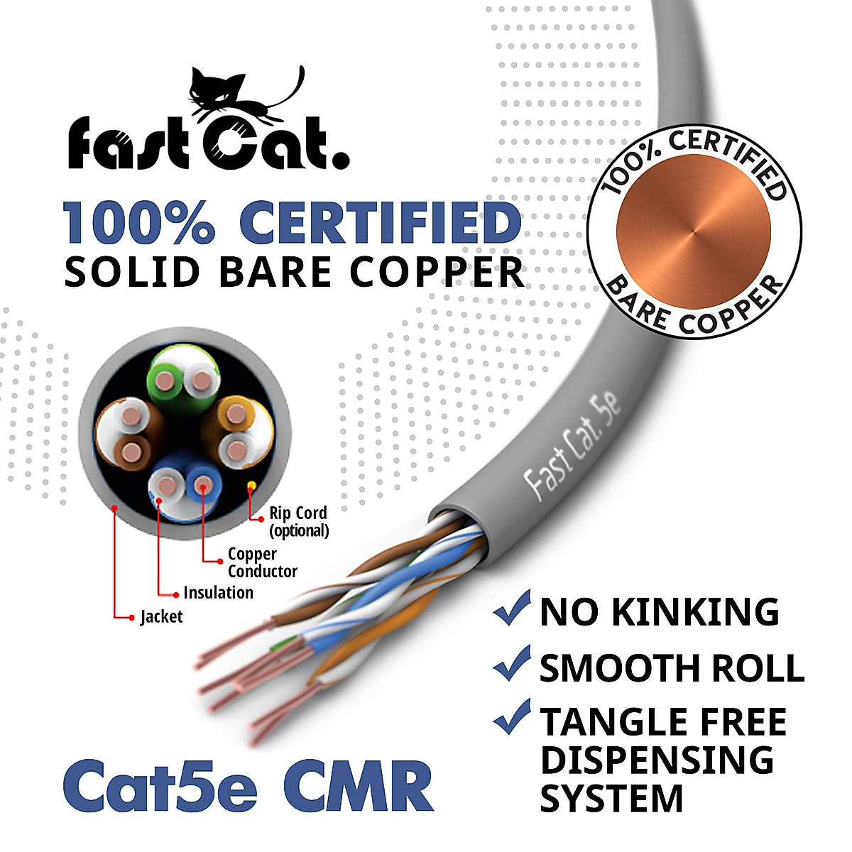fast Cat. Cat5e Ethernet Cable 1000ft - 24 AWG, CMR, Insulated Bare Copper Wire Cat 5 ethernet Cable with FastReel - 350MHZ / Gigabit Speed UTP Cable Cat5e - CMR (Gray)