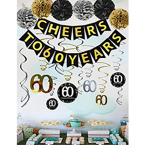 60th Birthday Party Decorations KIT - Cheers to 60 Years Banner, Sparkling Celebration 60 Hanging Swirls, Poms, Perfect 60 Years Old Party Supplies 60th Birthday Decorations
