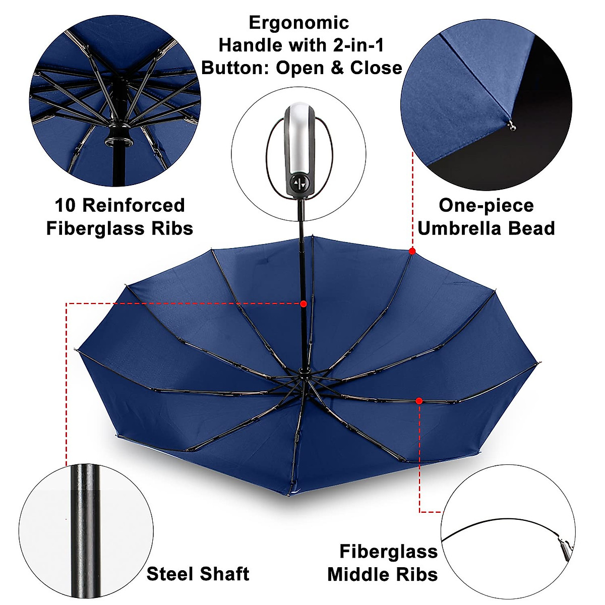 TradMall 10 Pack Bulk Umbrellas Travel Windproof Portable Compact Large Canopy Ergonomic Handle Auto Open & Close, Blue