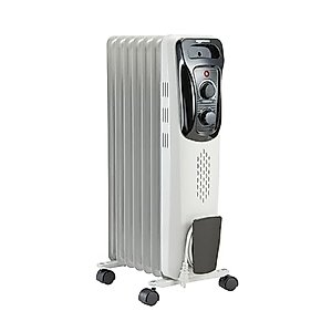 Amazon Basics Oil Heater, Radiator Heater for Indoor Use, With Over-Heat Protection, 7 Oil-Filled Steel Fins, 3 Heat Settings, ETL-certified Safety, 1500W, White, 11"D x 14.8"W x 25.2"H
