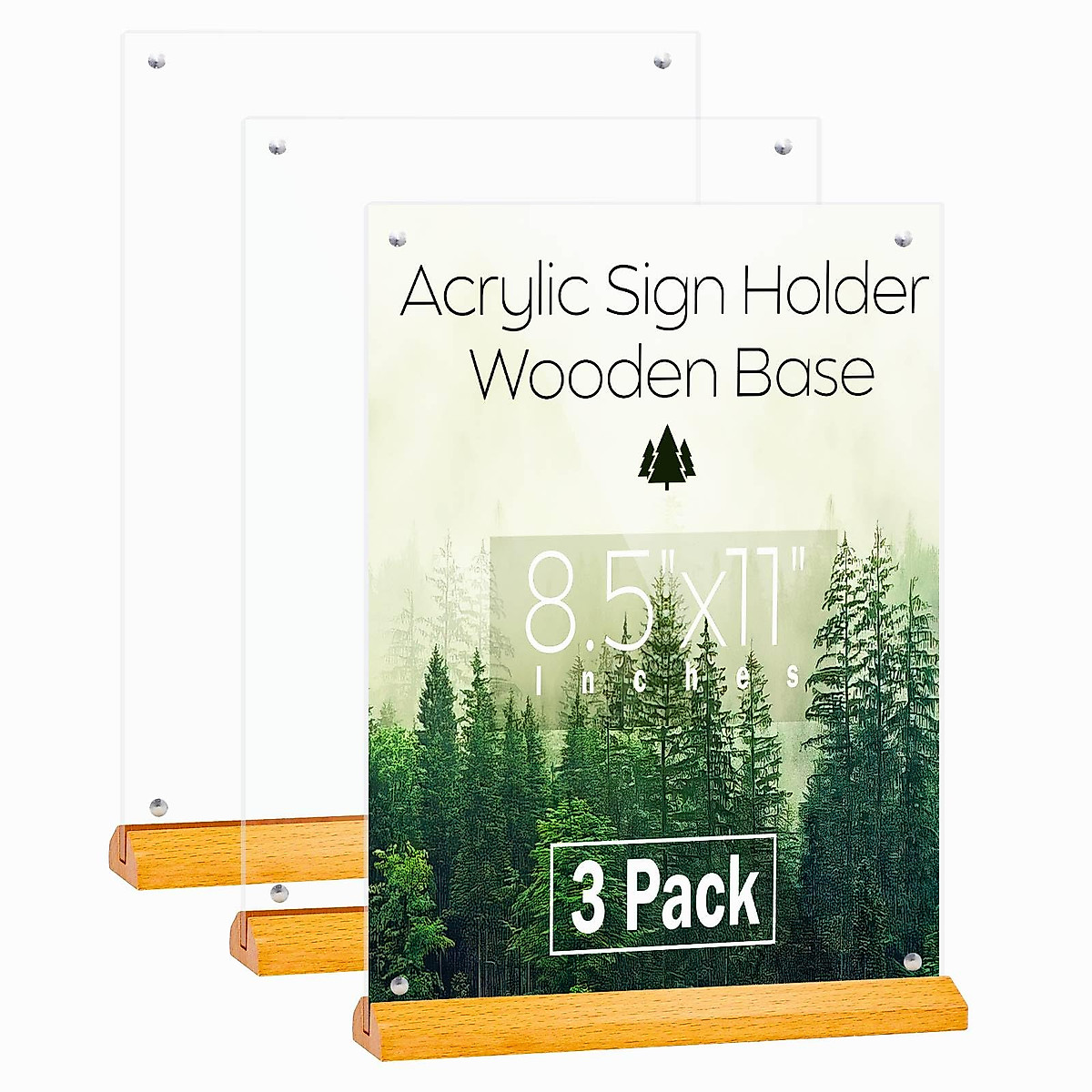 PUJIANG 8.5 x 11 Acrylic Sign Holder with Wood Base 3 Pack,Wood Sign Holder Acrylic Frame Standing Plastic Sign Holder, Double Side Flyer Holder Plexiglass Sign Holder for Store Wedding Front Desk