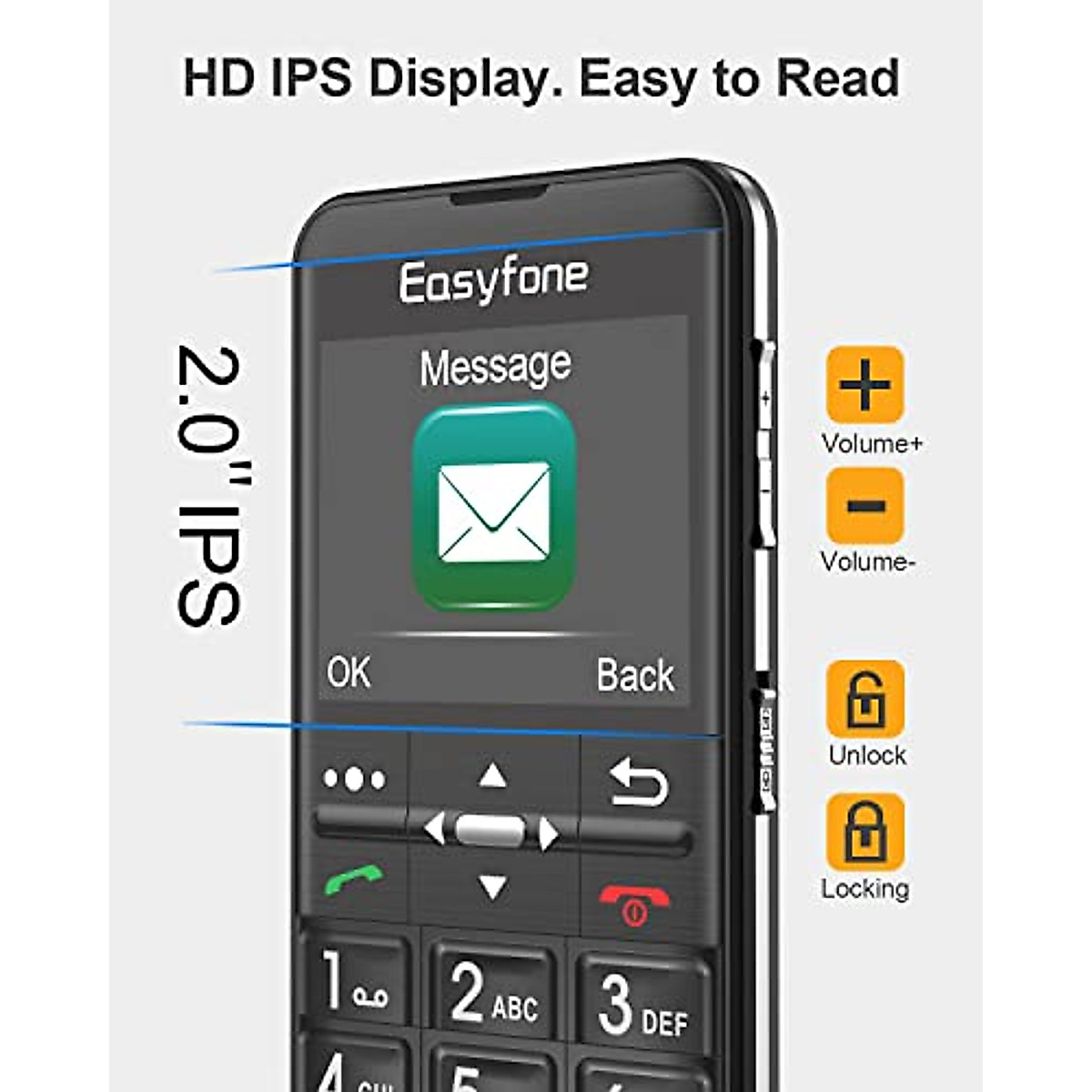 Easyfone Prime-A7 4G Big Button Cell Phone for Seniors | Easy-to-use | Clear Sound | 2.0'' HD Display | SOS Button w/GPS | Unlocked (T-Mobile & MVNOs) | 1500Mah Battery and Charging Dock (Black)