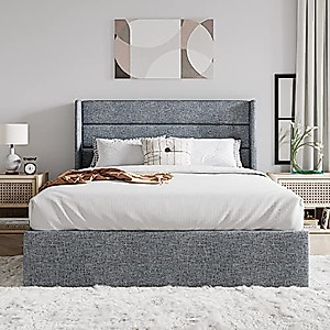SHA CERLIN Full Size Lift Up Storage Bed/Modern Wingback Headboard/Upholstered Platform Bed Frame/Hydraulic Storage/No Box Spring Needed/Wood Slats Support/Grey Blue