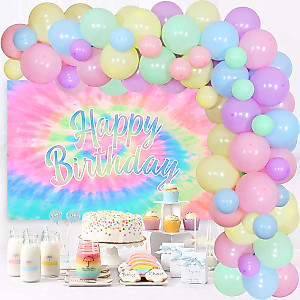 Tie Dye Birthday Decorations for Girls - Macaron Color Balloon Garland Kit with Tie Dye Happy Birthday Backdrop Tie Dye Theme Birthday Party Decorations Supplies Set