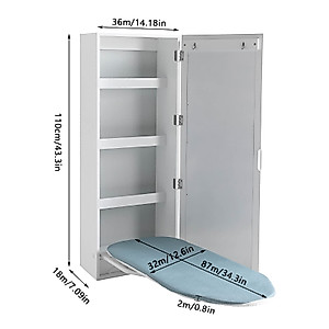 Wall Mount Ironing Board Cabinet, Built-in Swivel Ironing Board Foldable with Storage, Wall Hanging with Mirror, White