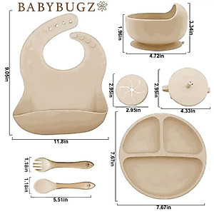 BabyBugz 7 Piece Baby Silicone Feeding Set, Baby Led Weaning Supplies with Silicone Suction Baby Bowls, Baby Silicone Plate With Suction and Baby Bibs, Baby Essentials Led Weaning Utensils (Sand)