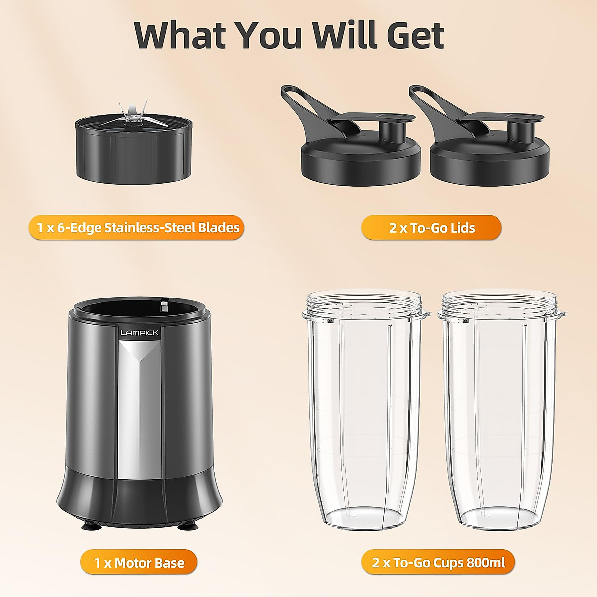 Lampick Smoothie Blender, 1300W Personal Blender for Smoothies, Shakes and Nutrient Extractions with 2pcs BPA-Free 27oz Portable Blender To-Go Bottles