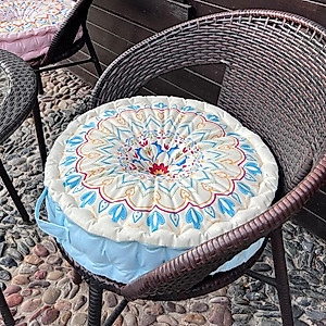 vctops Boho Print Round Chair Pad with Handle Soft Velvet Chiar Cushion Floral Pattern Thicken Seat Cushion for Dining Chairs, Office Chairs, Hardwood Floors (Blue A,16"x16")