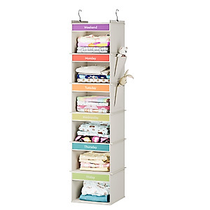 YOUDENOVA 6-Shelf Weekly Hanging Closet Organizer, Closet Organizers with 2 Side Pockets, Closet Hanging Organizers for Kids, Khaki