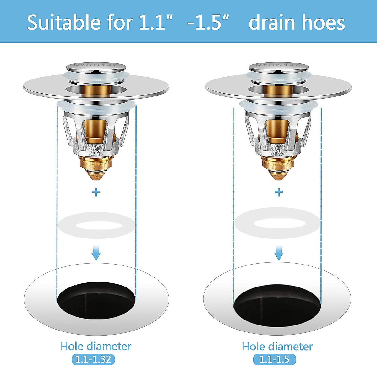 QYHNYJF Bathroom Sink Stopper,UniversalBasin Pop Up Bathroom Drain Stopper, for 1.1~1.5 in U.S. Standard Drain Holes, with Hair Catcher Anti Clogging Bathroom Sink Drain Strainer (Silver)