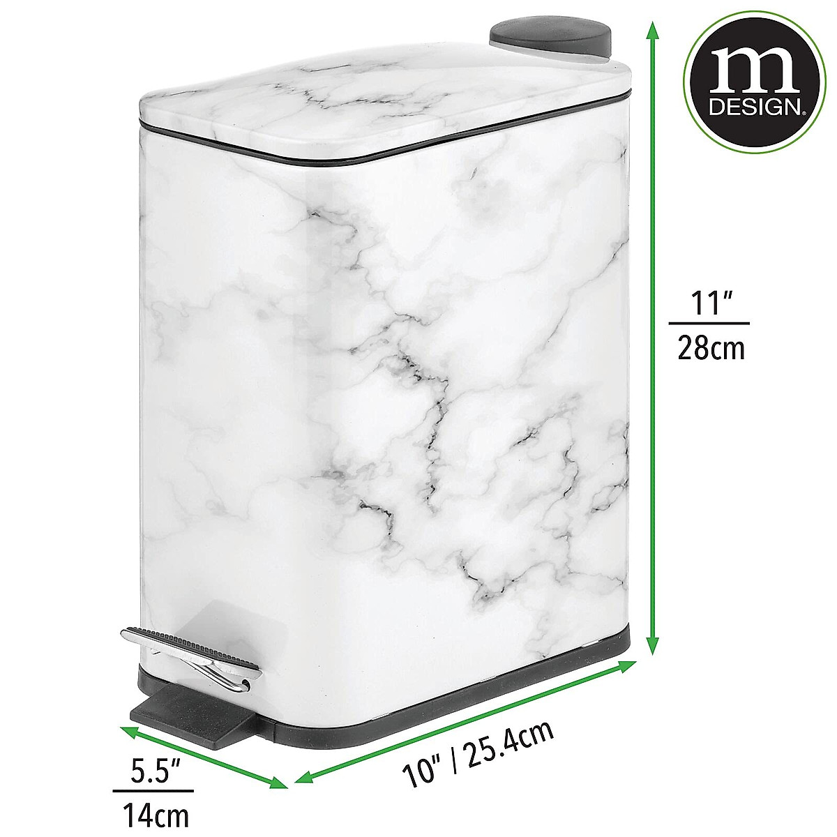 mDesign Slim Metal Rectangle 1.3 Gallon/5 Liter Trash Can with Step Pedal, Easy-Close Lid, Removable Liner - Narrow Wastebasket Garbage Container Bin for Bathroom, Bedroom, Kitchen - White Marble