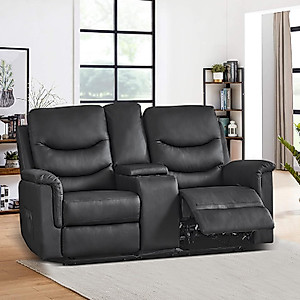 Consofa 68'' Reclining Loveseat, Reclining Loveseat with Console, PU Leather Manual Recliner Loveseat, Double Recliner Loveseat with Cup Holder and Side Pocket for Living Room