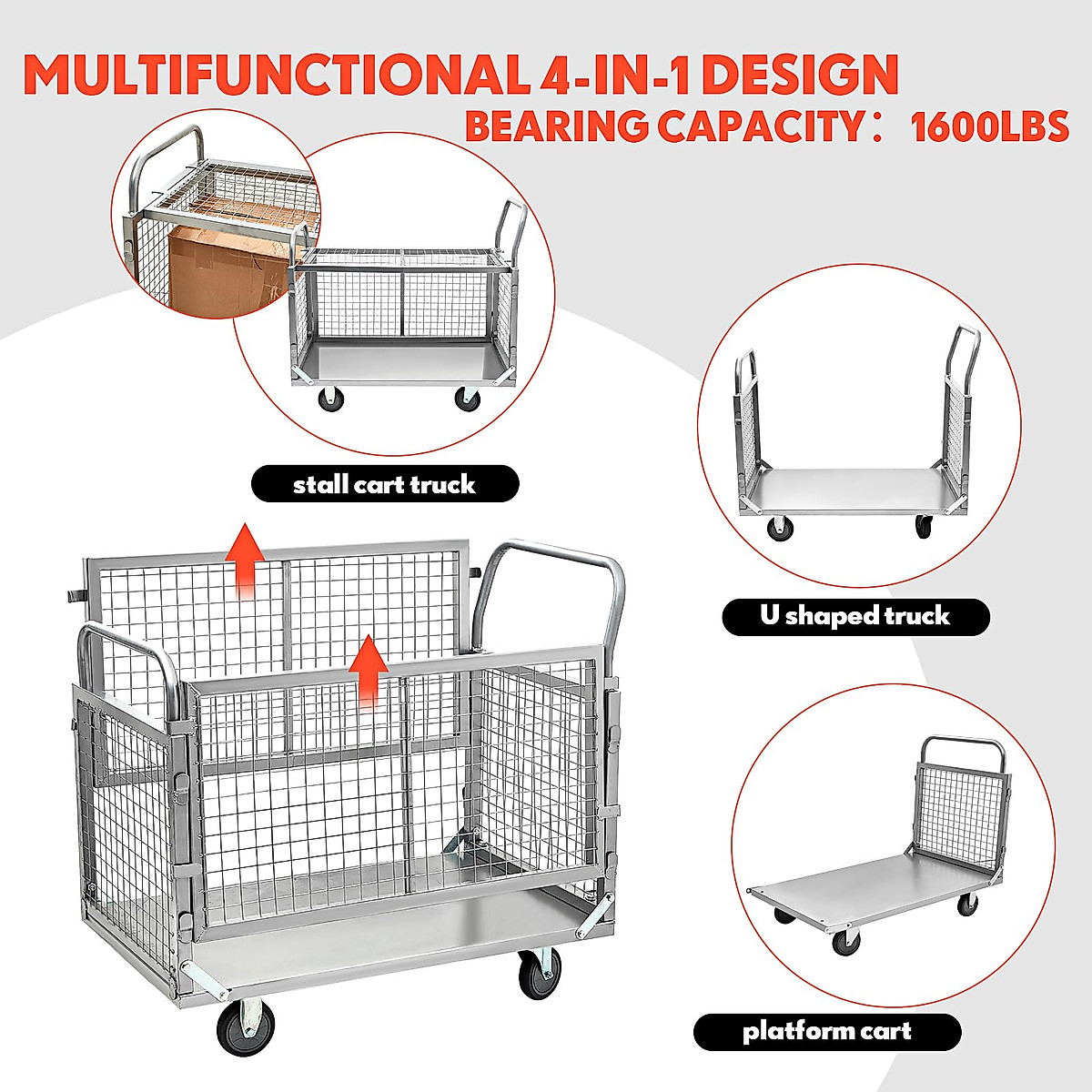 Datanly Platform Truck Cart with Cage, Large Foldable Flat Cart Heavy Duty Push Cart Dolly Load 1600lbs Hand Truck Dolly Cart with Swivel Casters Flatbed Cart for Grocery Moving Laundry (39" x 24")
