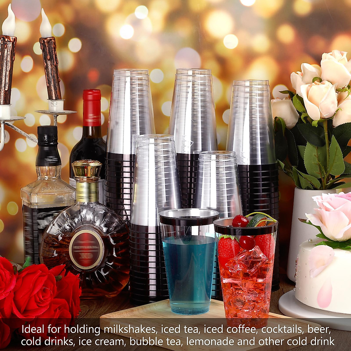 Norme 50 Pcs Plastic Cups 16 oz Disposable Cups Plastic Party Drinking Cups Wine Glasses for Parties Old Fashioned Tumblers for Coffee Wedding Wine (Black)