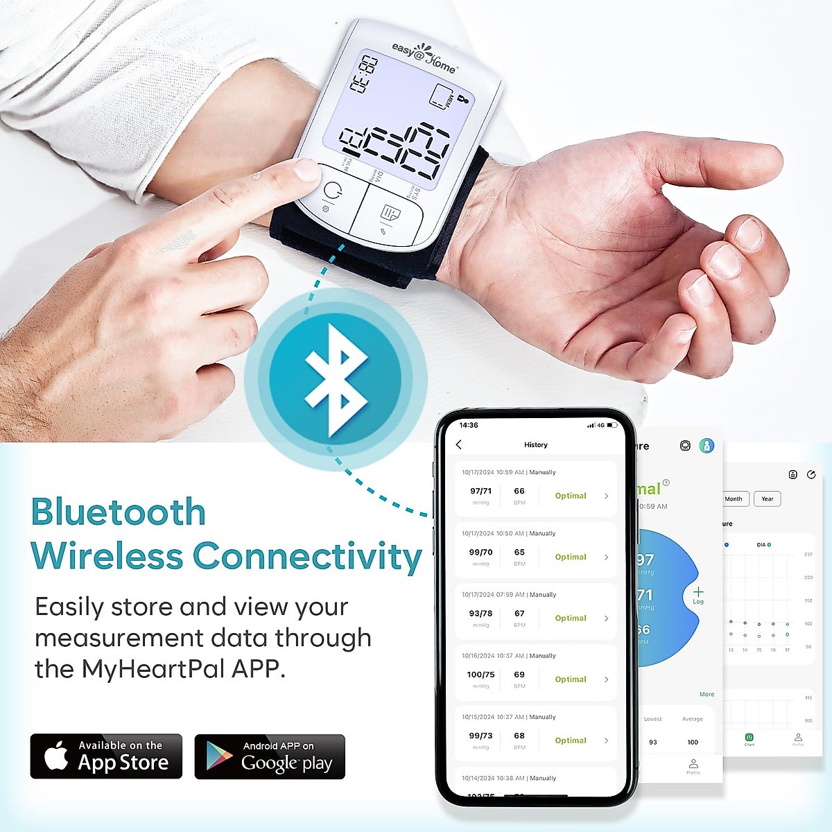 Easy@Home Wrist Blood Pressure Monitor: Easy@Home Bluetooth Smart Large Cuff BP Machine | Digital Sphygmomanometer | iOS & Android APP | EBP-085
