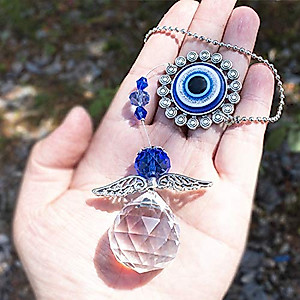 Crystal Angel Suncatcher with Feng Shui Turkish Blue Evil Eye Protection and Good Luck Charm Gift