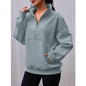 AUTOMET Women's Half Zip Oversized Sweatshirts Fleece Pullover Long Hoodies Casual Mock Turtleneck Sweaters with Pockets GreyGreen L
