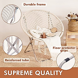 PASAMIC Saucer Chair with Folding Metal Frame, 100% Cotton Handmade Round Cozy Chairs, Exquisite Moon Chair for Bedroom, Living Room Décor Beige