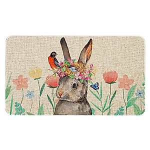 Roszwtit Spring Summer Door Mat 30 X 17 Inch Floral Bunny Doormat Indoor Outdoor Entrance Floor Mat Non Slip Spring Easter Decor Rubber Mats