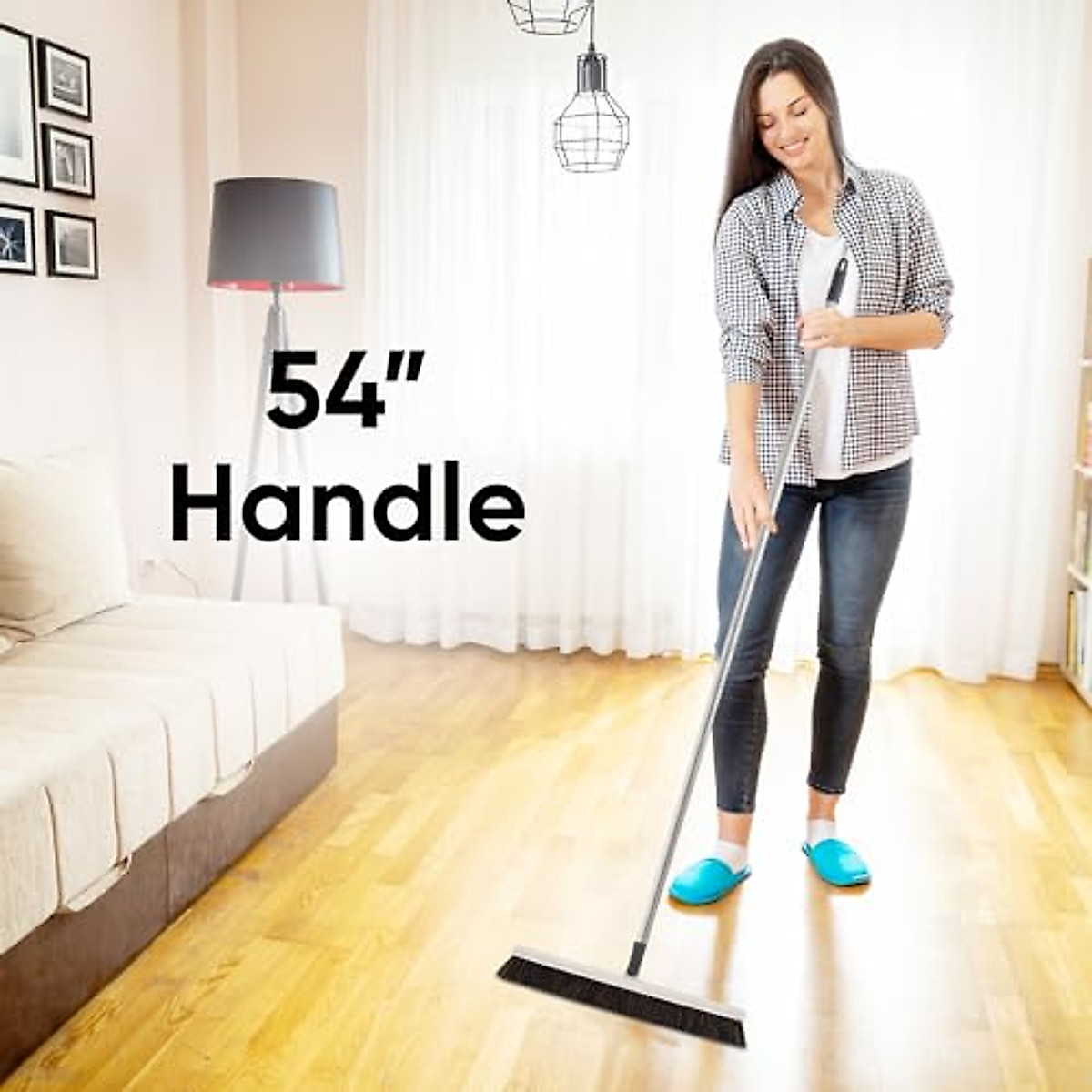 Horse Hair Broom, Broom for Hardwood Floors 18" Horsehair Swivel Kitchen Broom, Soft Bristle Broom with 54" Handle