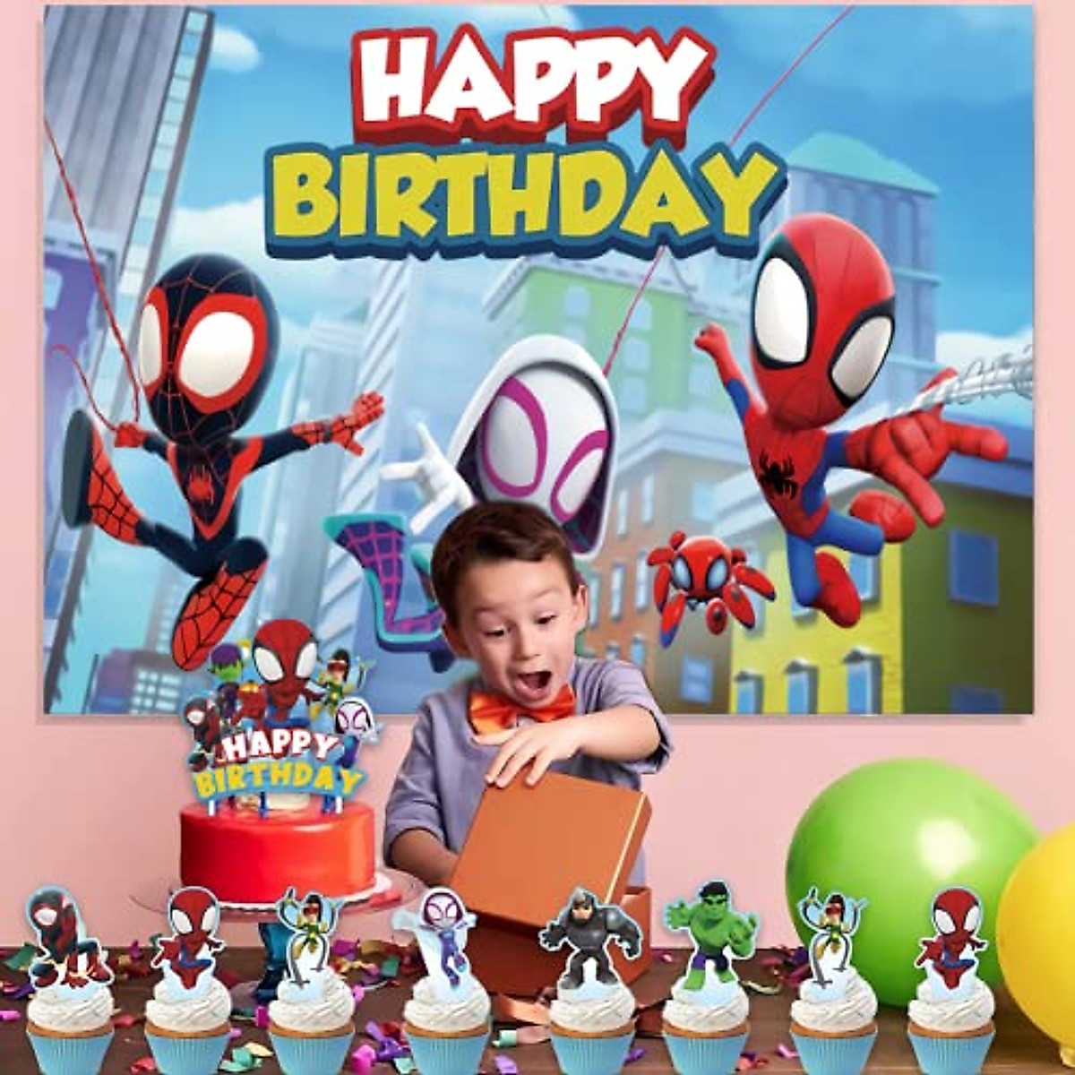 Spider Hero Party Background Spider Friends Children’s Birthday Party Photo Backdrop Background Baby Shower Photography Banner Decoration, 5 x 3 FT